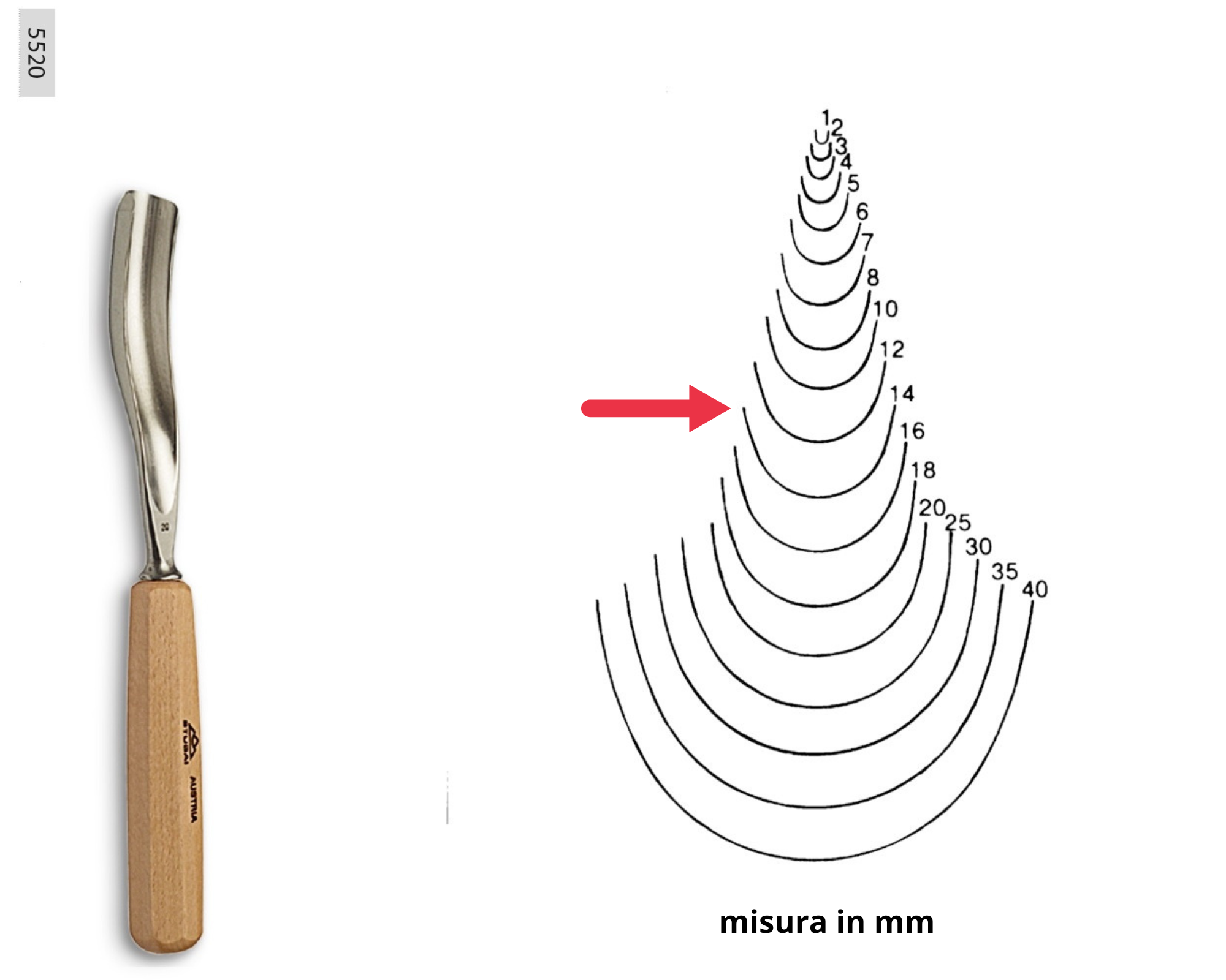 552014 SGORBIA STUBAI CURVA CON MANICO AFFILATA – CURVA misura 14 mm – Utensili Manzanese