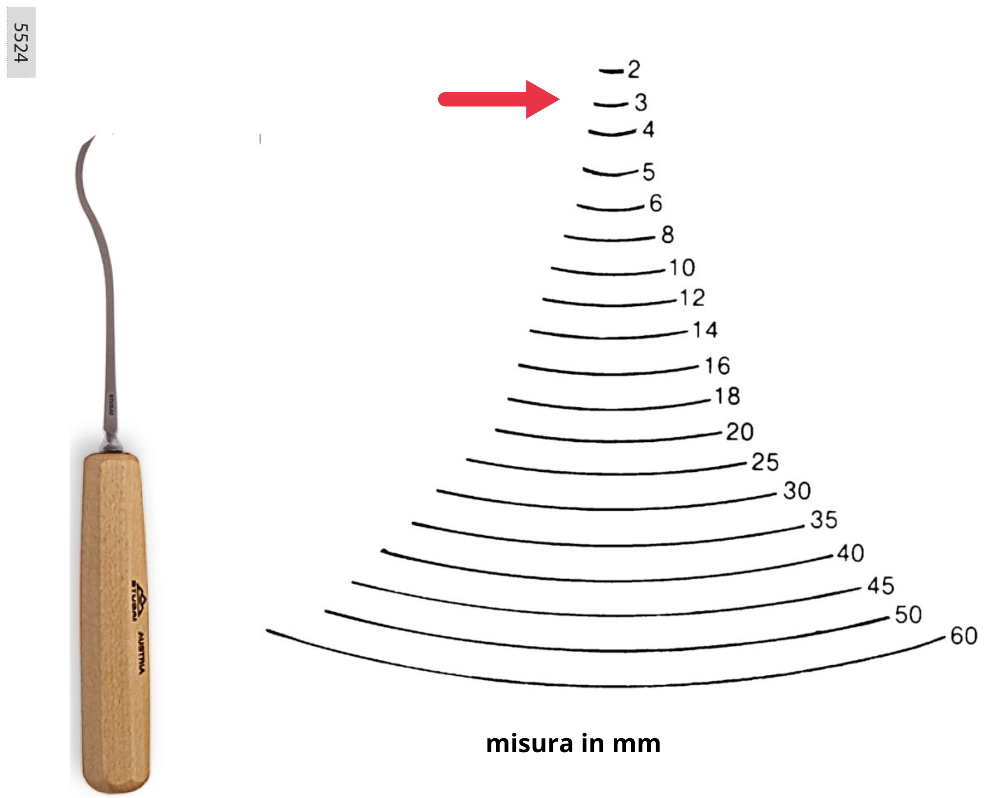 552403 SGORBIA STUBAI A CUCCHIAIO CON MANICO AFFILATA – CURVA misura 3 mm – Utensili Manzanese